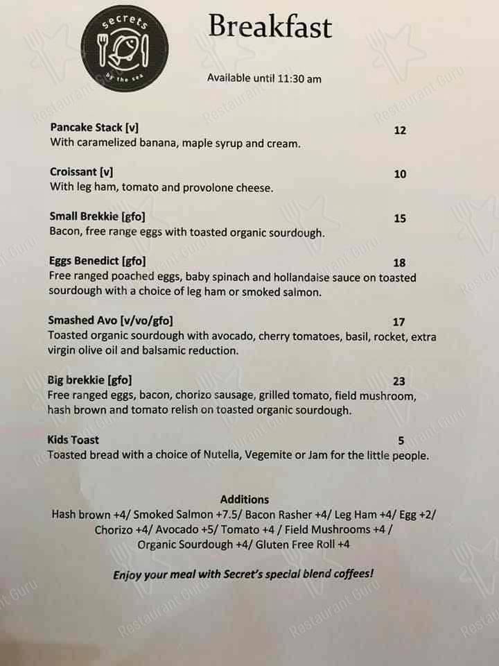Menu at Secrets by the Sea restaurant, Henley Beach