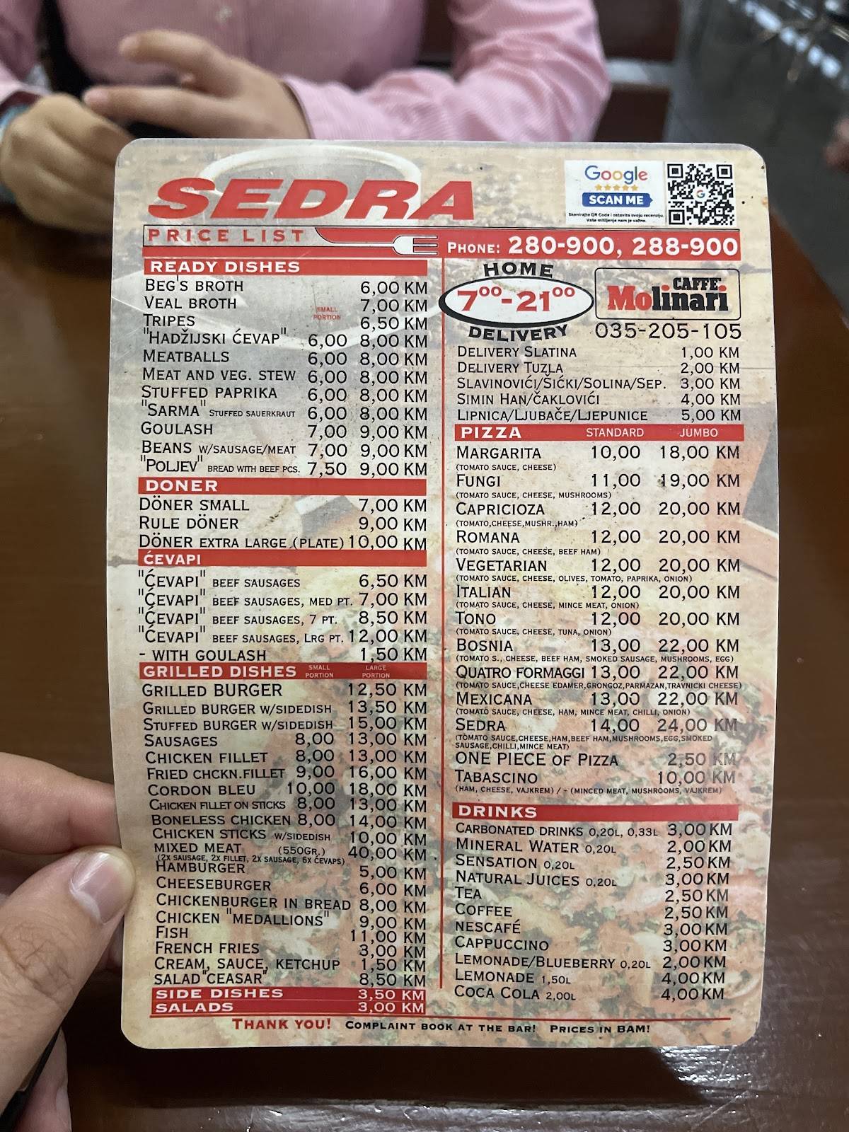 Menu at Sedra restaurant, Tuzla