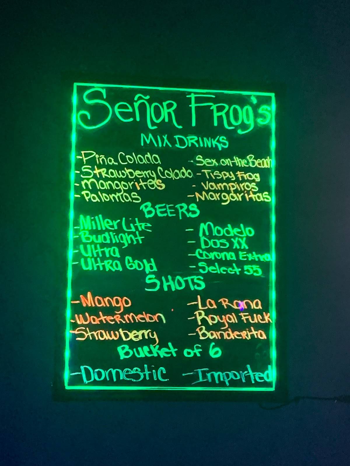Menu at Señor frog’s sports bar, Roma