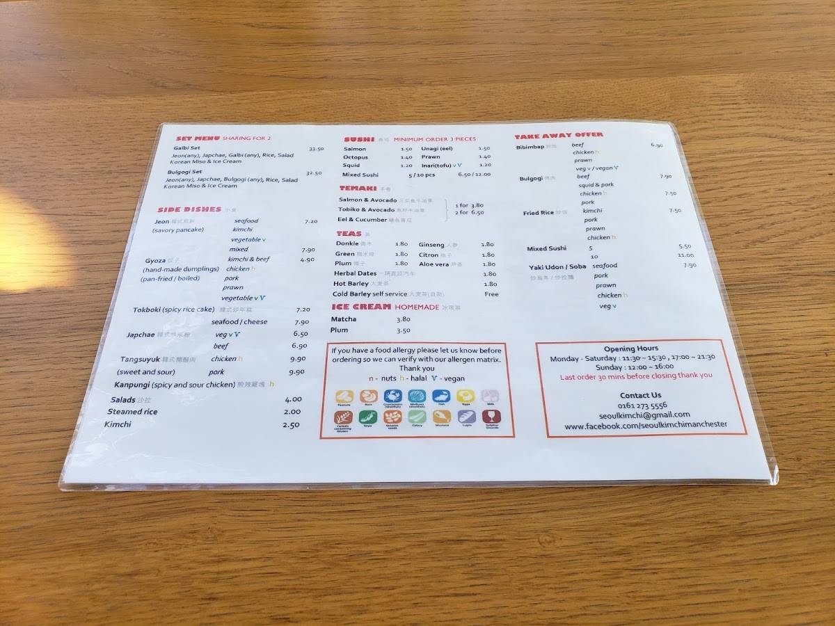 Menu at Seoul Kimchi restaurant, Manchester