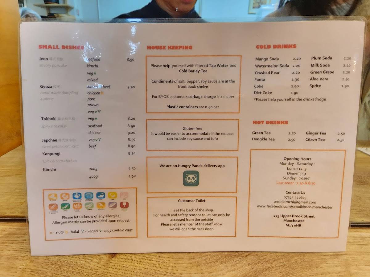 Menu at Seoul Kimchi restaurant, Manchester