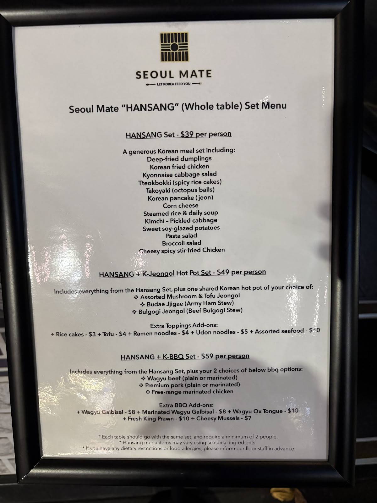Menu at Seoul Mate Wollongong restaurant, Wollongong