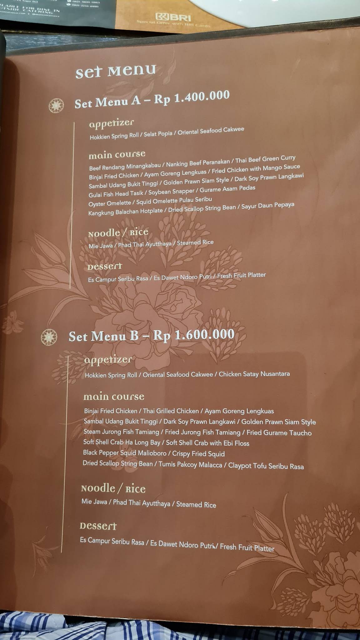 Menu at Seribu Rasa restaurant, Jakarta, Plaza Indonesia