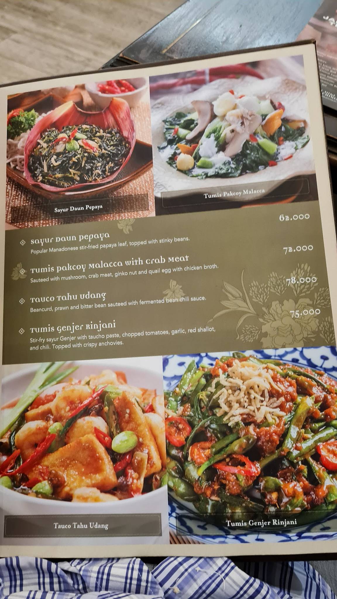 Menu at Seribu Rasa restaurant, Jakarta, Plaza Indonesia