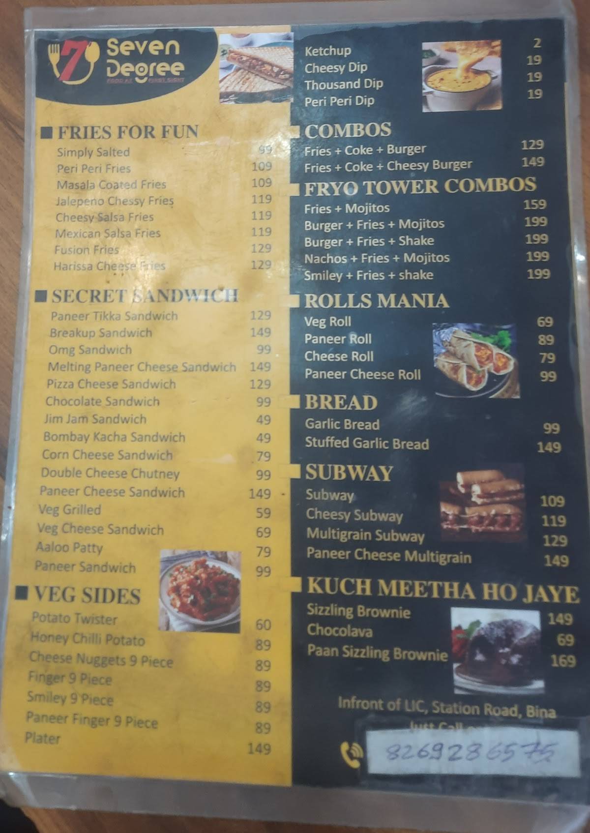 Menu at Seven degree, Bina