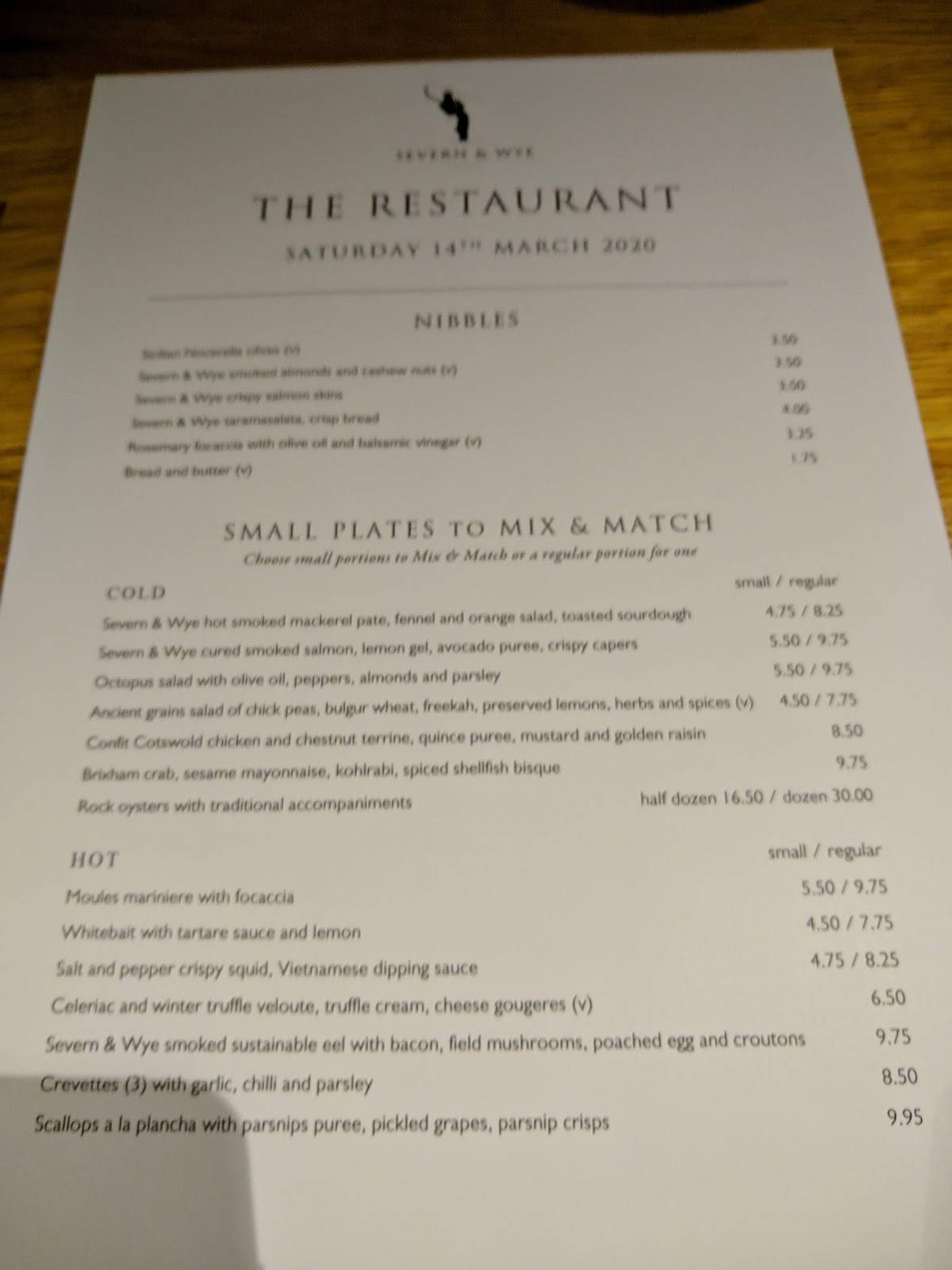 Menu at Severn & Wye Smokery restaurant, Westbury-on-Severn