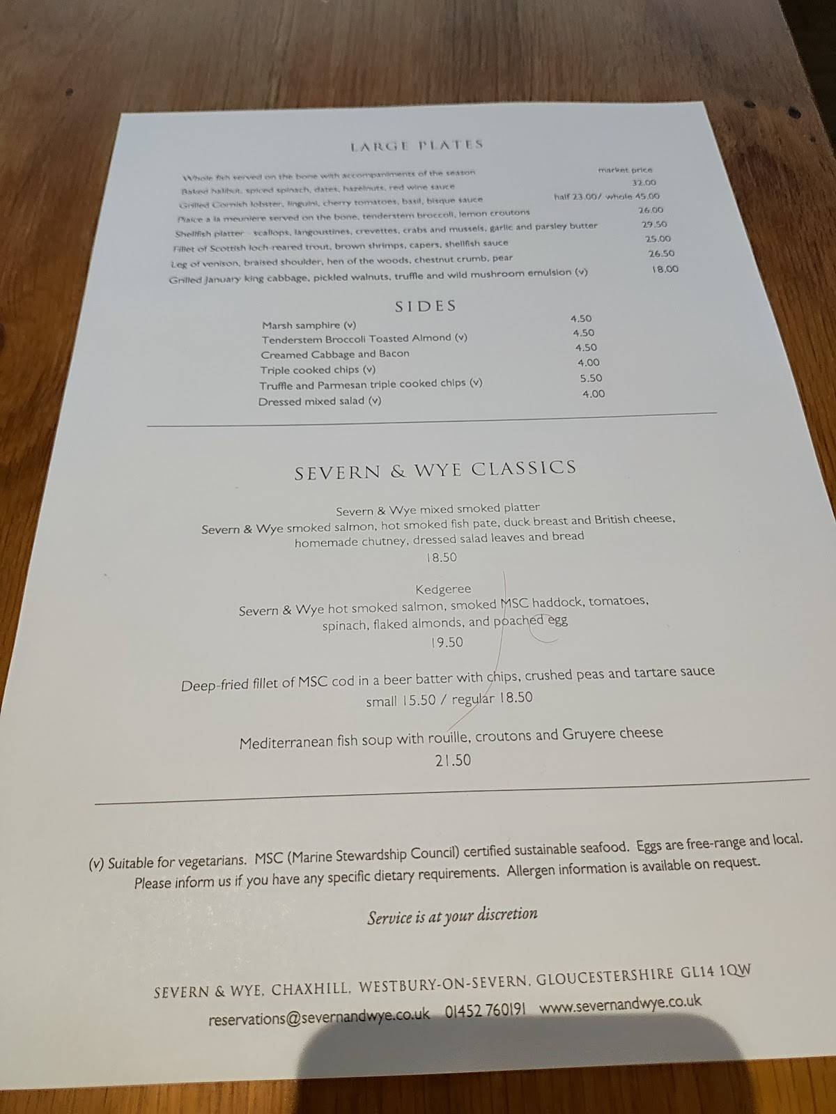 Menu at Severn & Wye Smokery restaurant, Westbury-on-Severn
