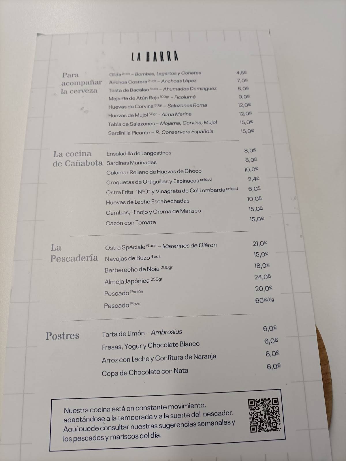Menu at Cañabota pub & bar, Seville, C. Orfila