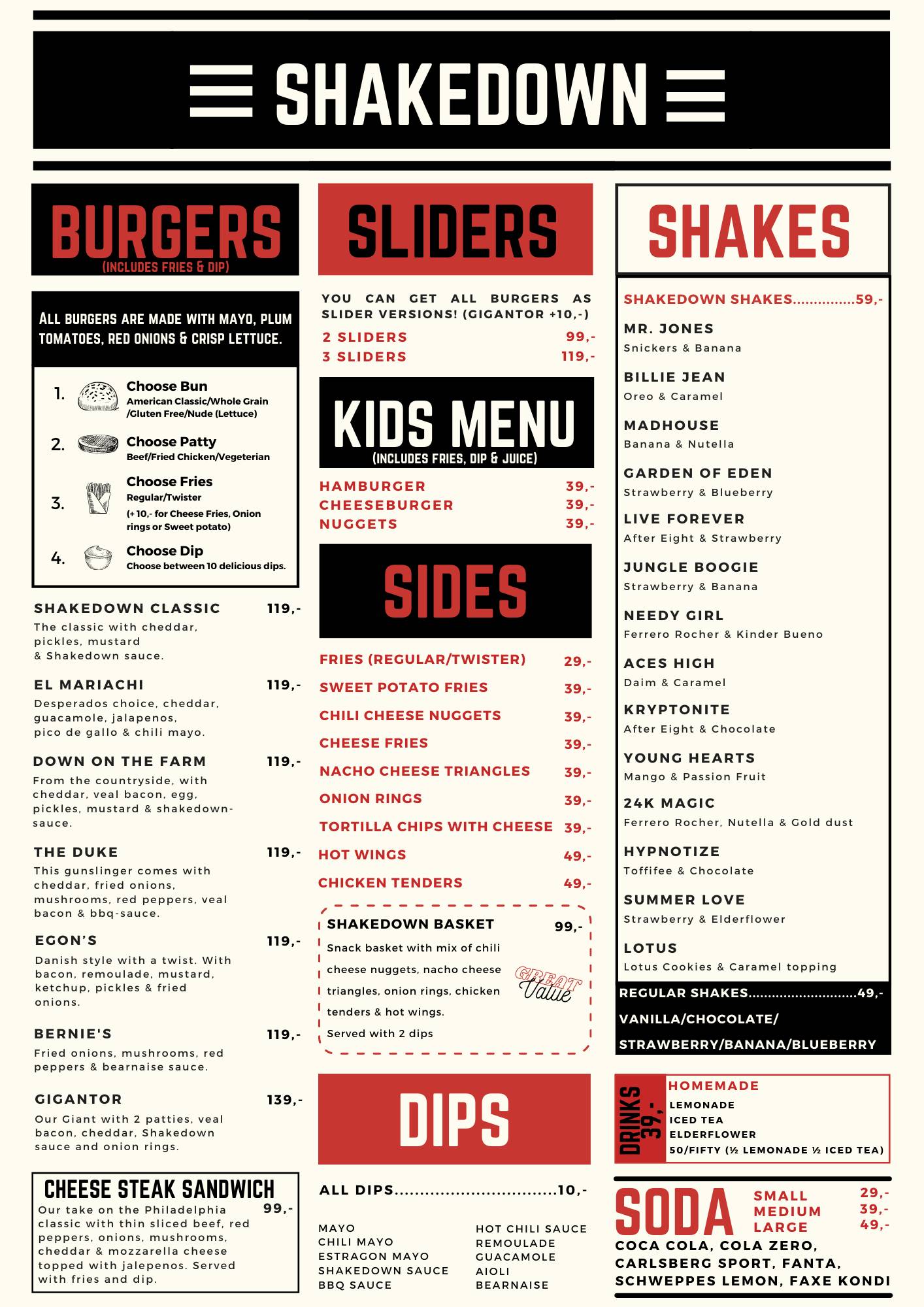 Menu at Shakedown Burger & Shakes restaurant, Frederiksberg