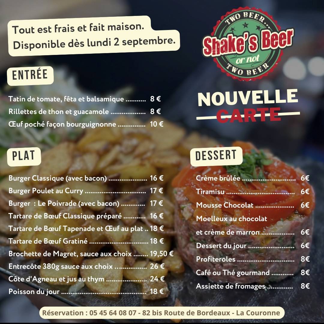 Menu au Shake's Beer pub et bar, La Couronne