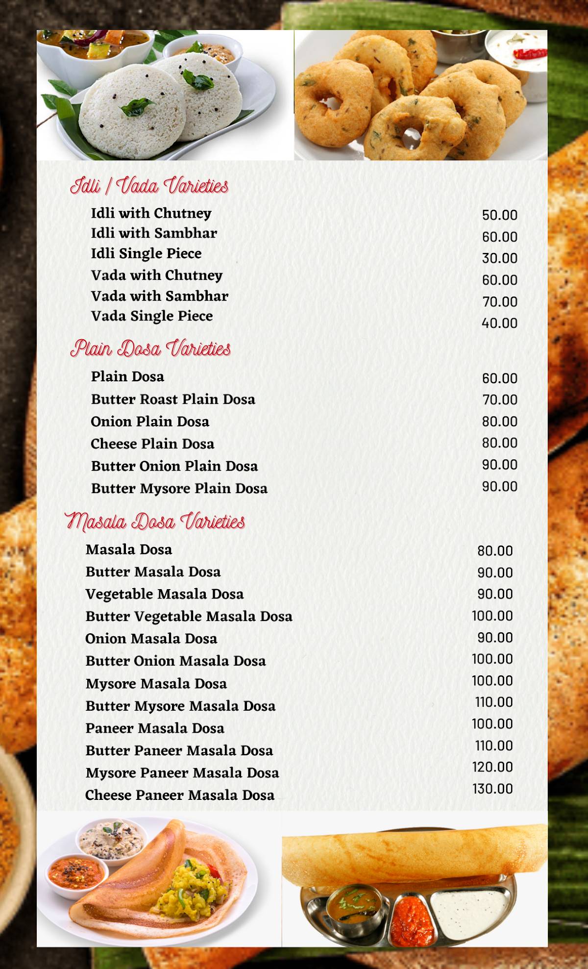 Menu at Shankar's Dosa, New Delhi