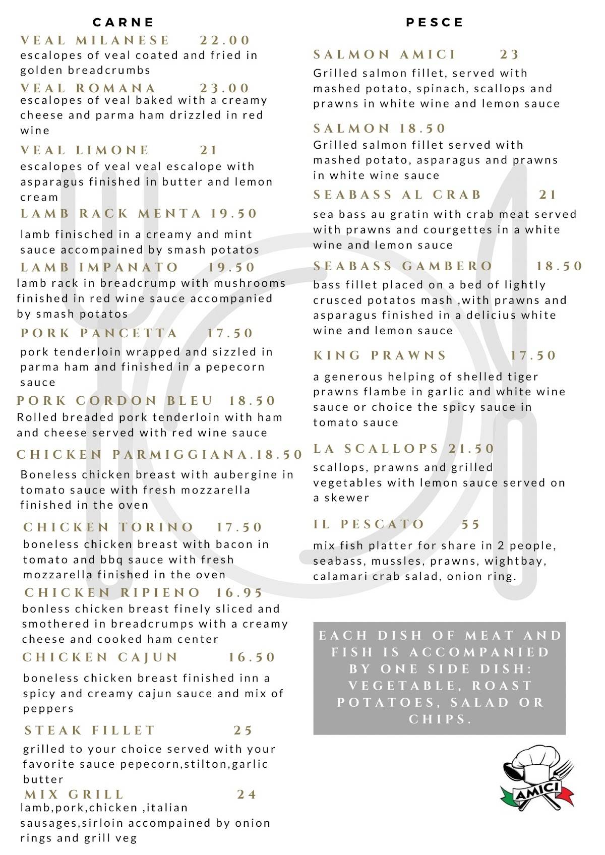 Menu at Amici restaurant, Shanklin