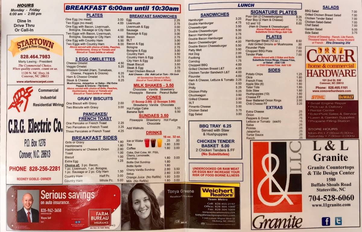 Menu at Sharon's Cafe, Conover