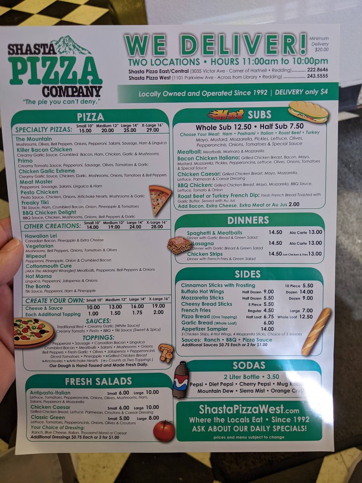 Menu at Shasta Pizza pizzeria, Redding, Victor Ave