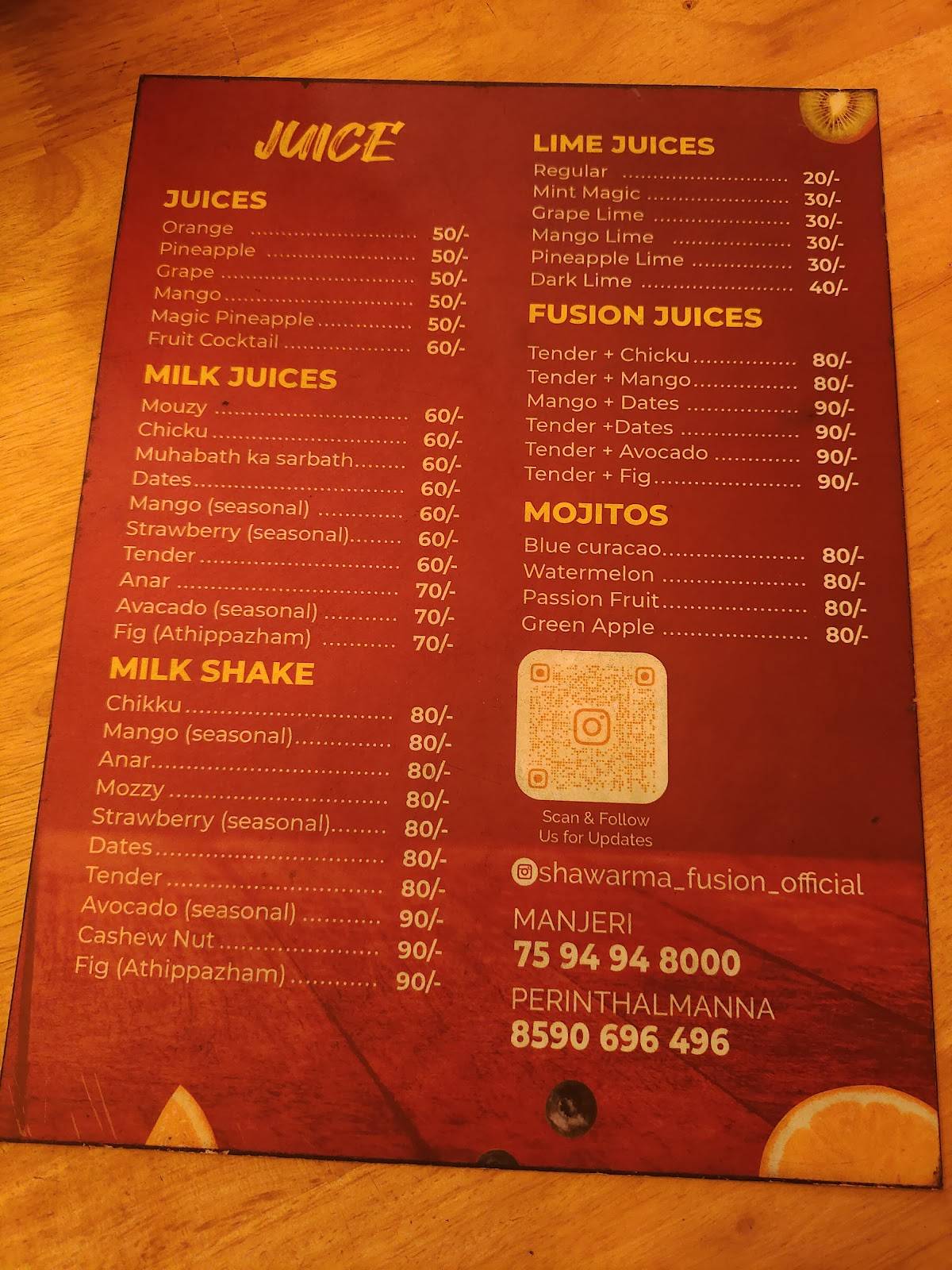 Menu at Shawarma Fusion, Manjeri