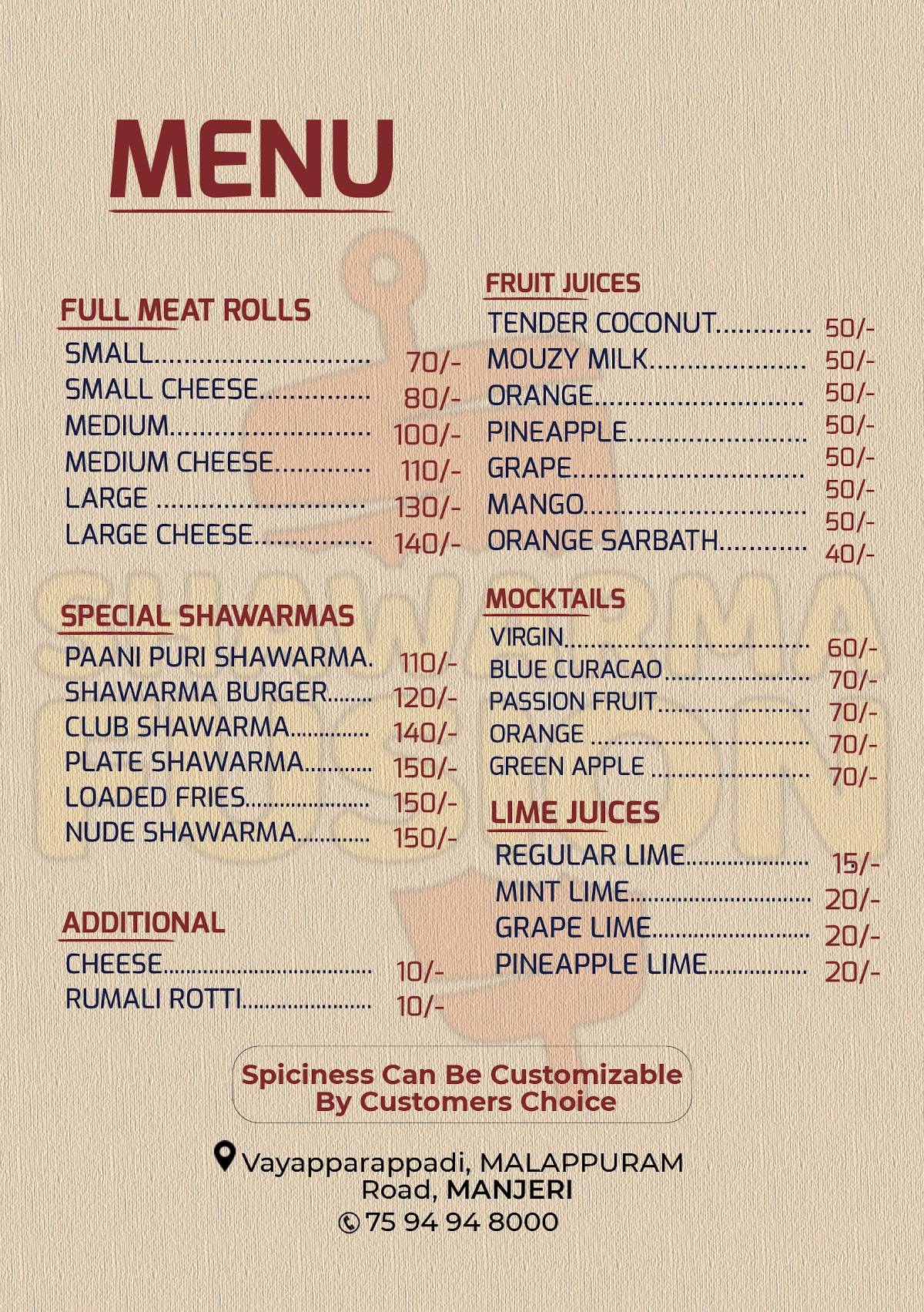 Menu at Shawarma Fusion, Manjeri