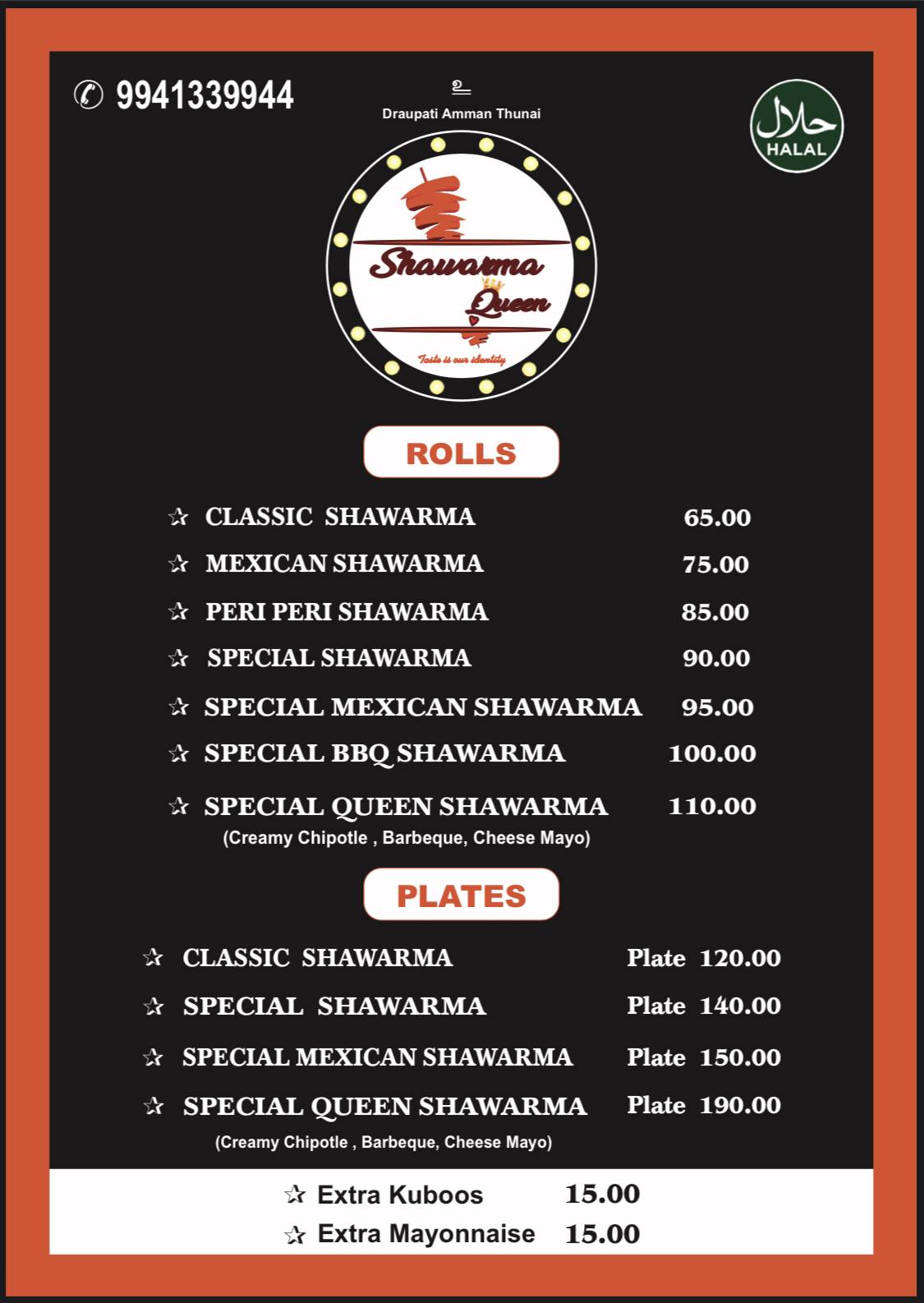 Menu at Shawarma Queen, Chennai, No