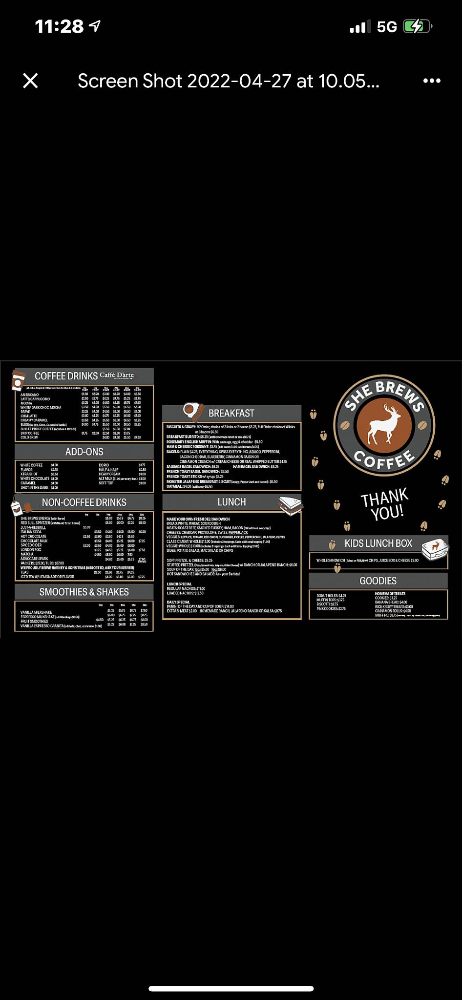 Menu at SheBrews Coffee in Anaconda, Anaconda