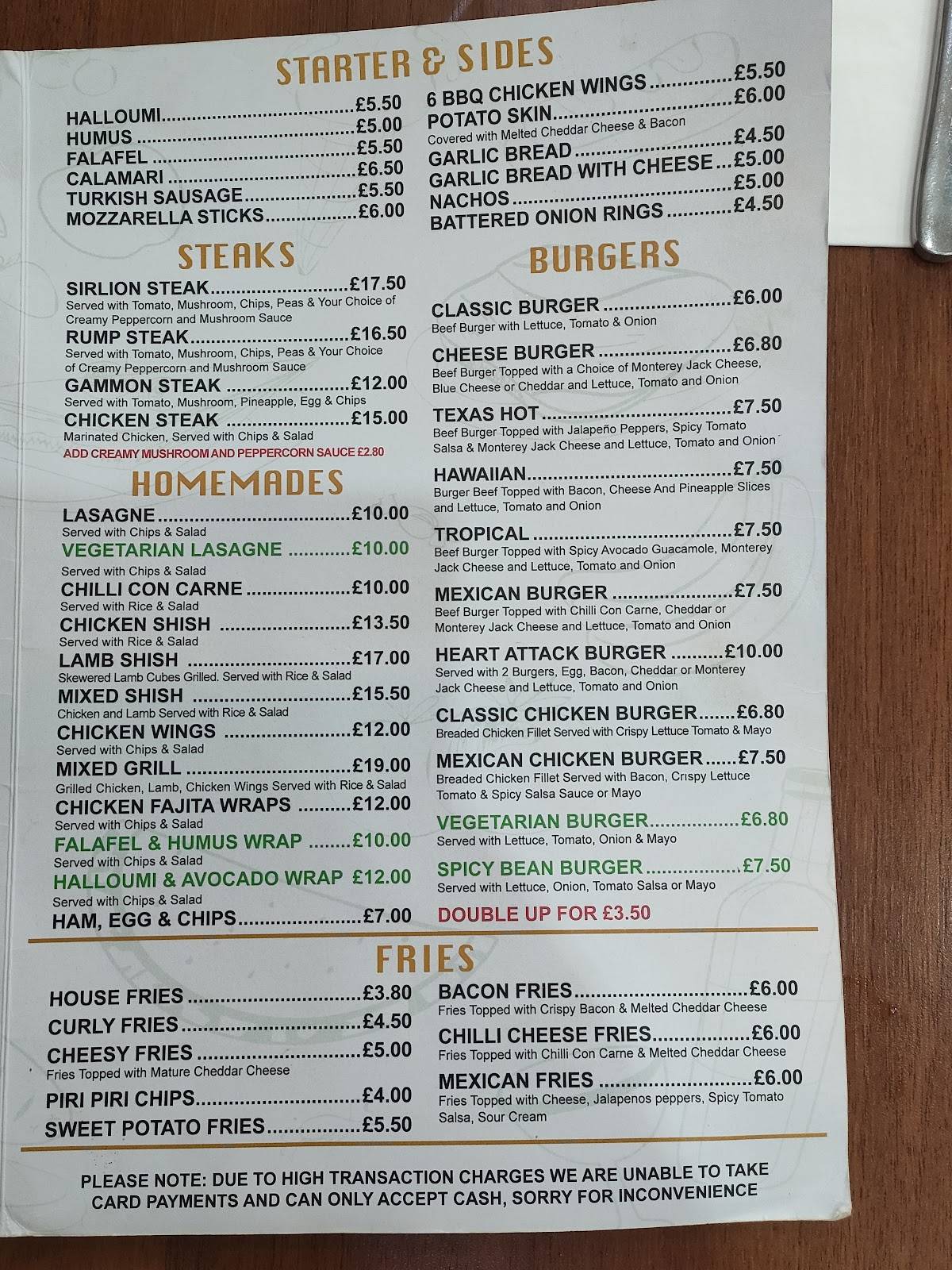 Menu at Arizona Diner & Cocktail Bar, Sheerness