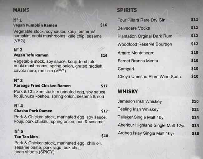 Menu at Shibui Bar, Melbourne