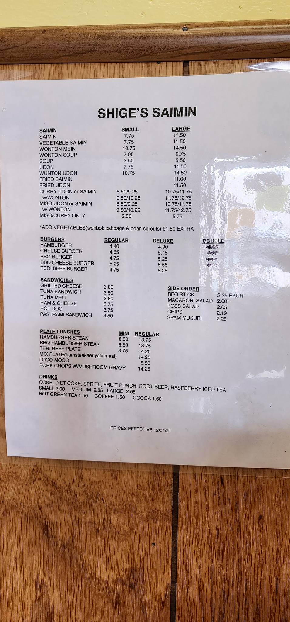 Menu at Shige's Saimin Stand restaurant, Wahiawa