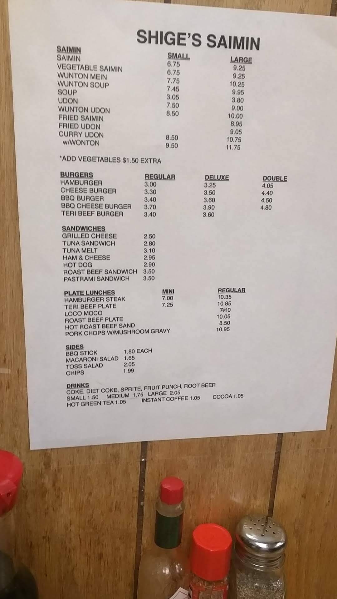 Menu at Shige's Saimin Stand restaurant, Wahiawa