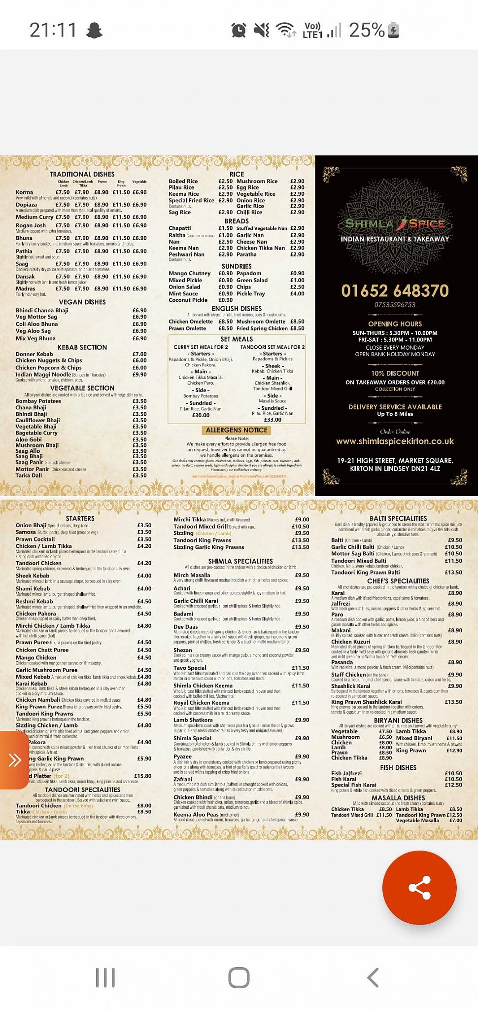Menu at Shimla spice indian restaurant and takeaway, Kirton in Lindsey