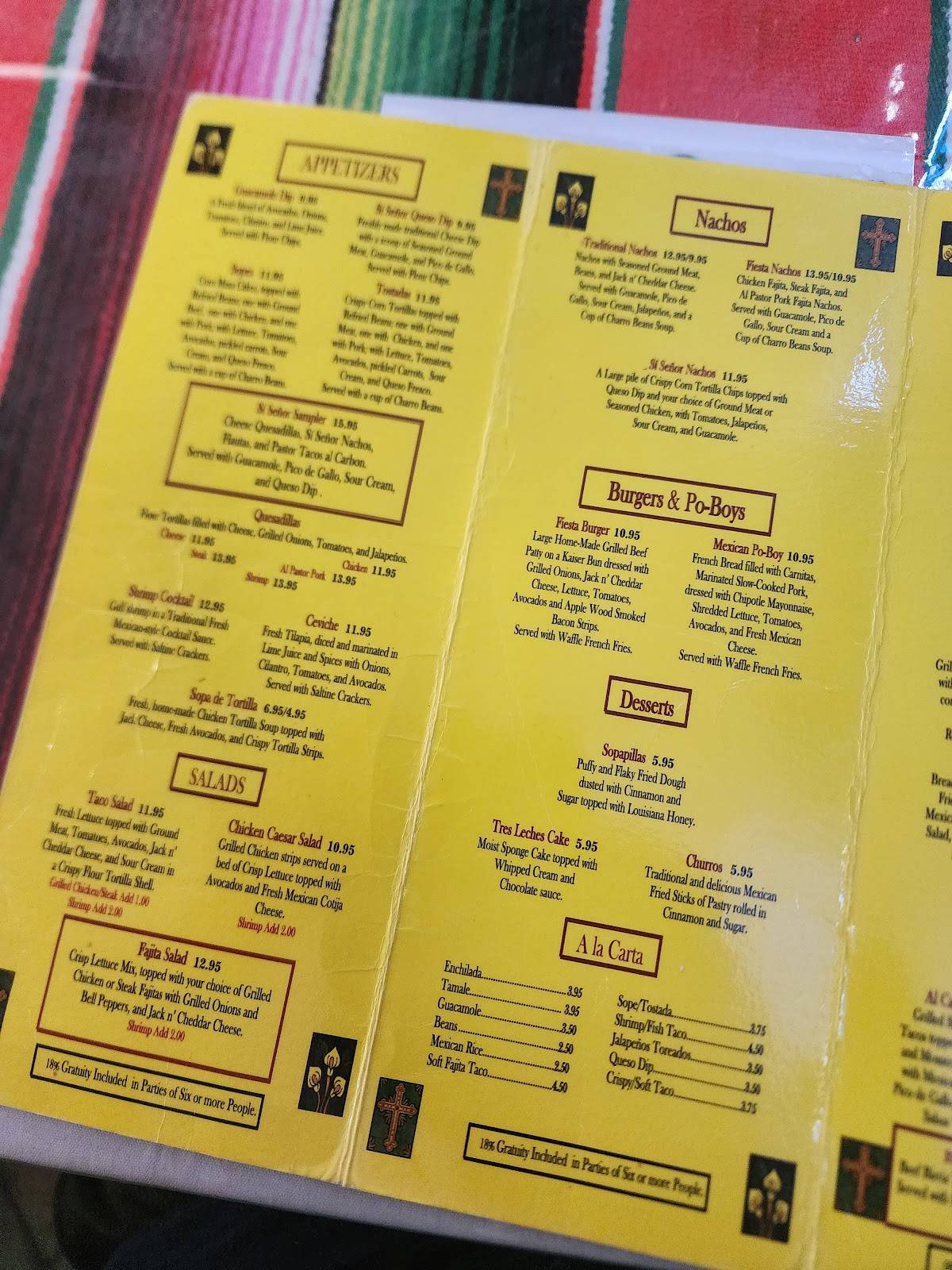 Menu at Si Señor restaurant, Bayou Vista