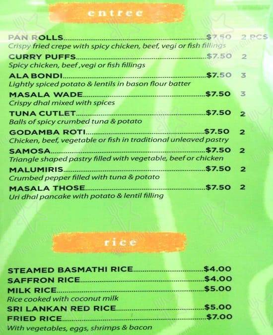 Menu at Sigiriya Sri Lankan Restaurant & Takeaway, Northcote