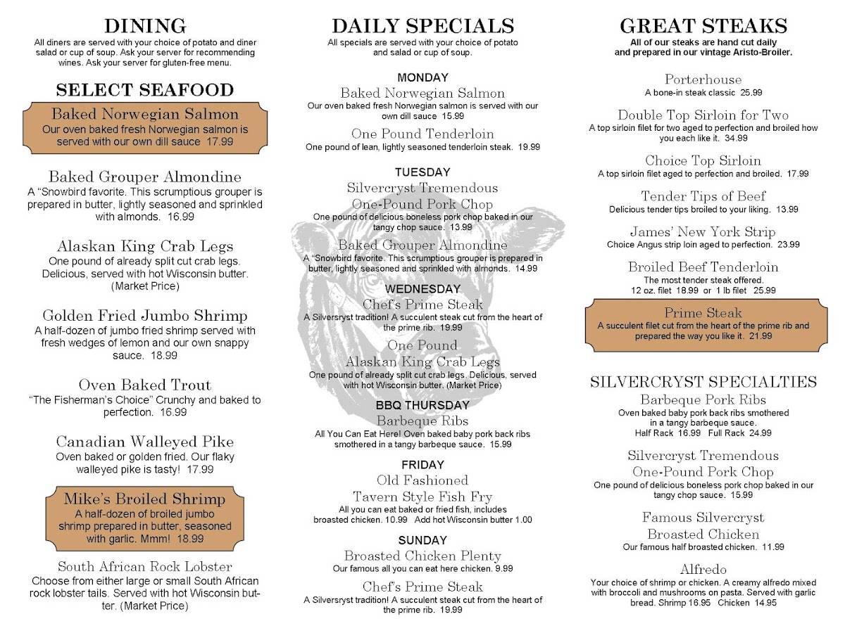 Menu at Silvercryst Supper Club Resort & Motel, Wautoma