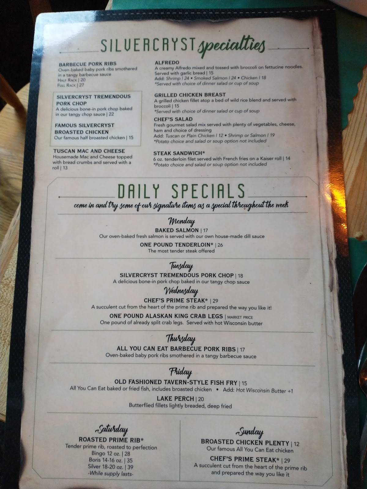 Menu at Silvercryst Supper Club Resort & Motel, Wautoma