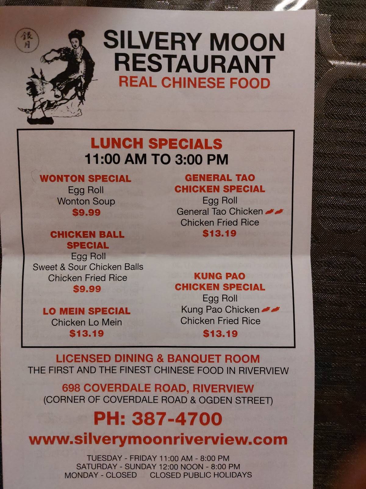 Menu at Silvery Moon restaurant, Riverview
