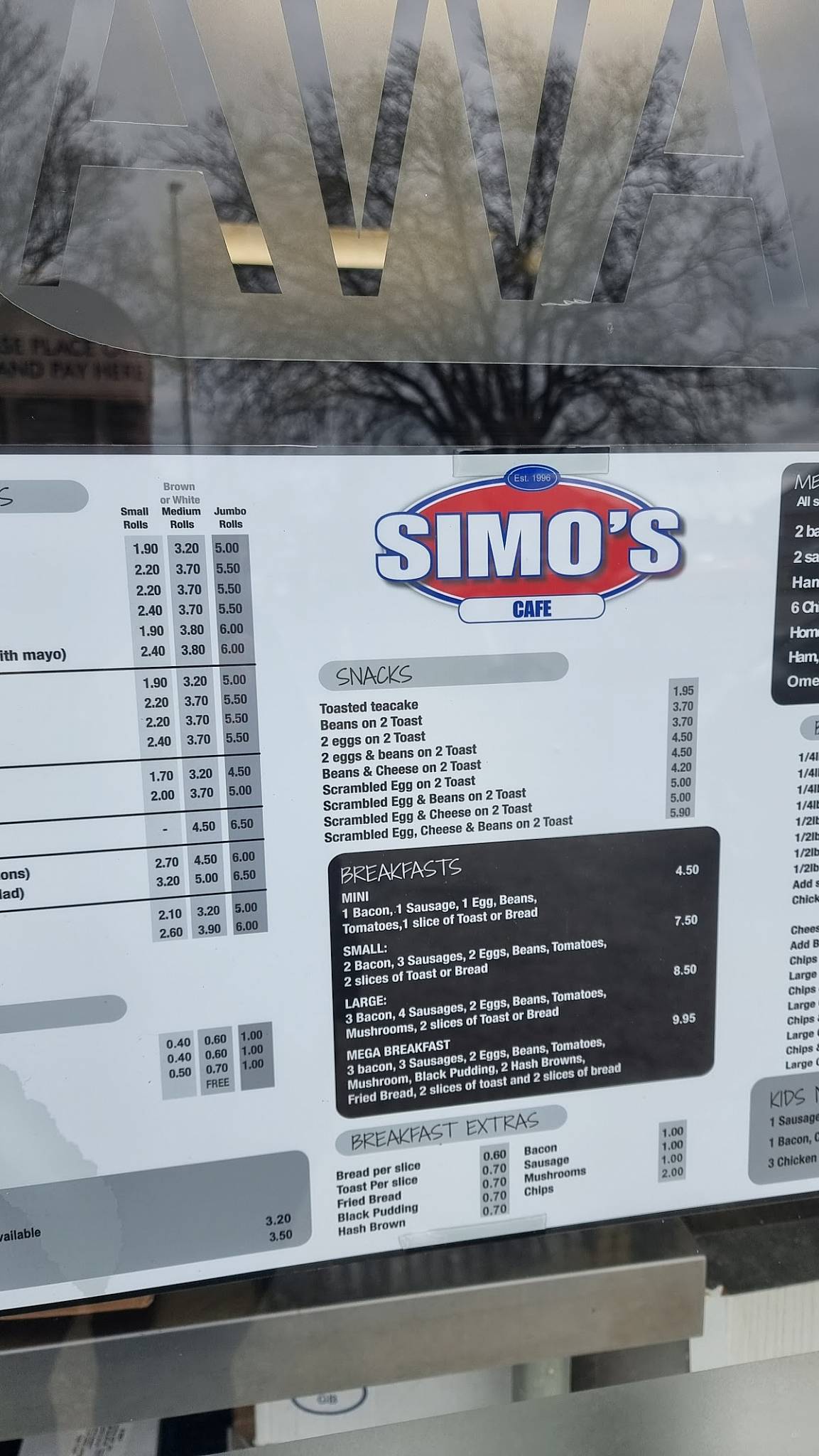 Menu at Simo's Cafe, Doncaster