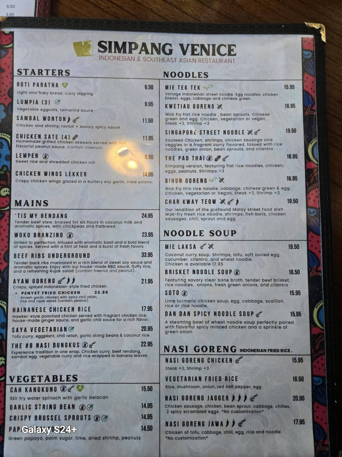 Menu at Simpang Venice restaurant, Culver City, 705 Lincoln Blvd