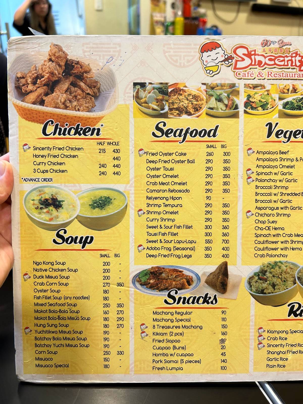 Menu at Sincerity Restaurant, Manila, 519 Quintin Paredes