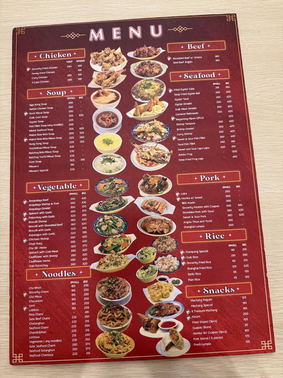 Carta de Sincerity Restaurant, Manila, 519 Quintin Paredes