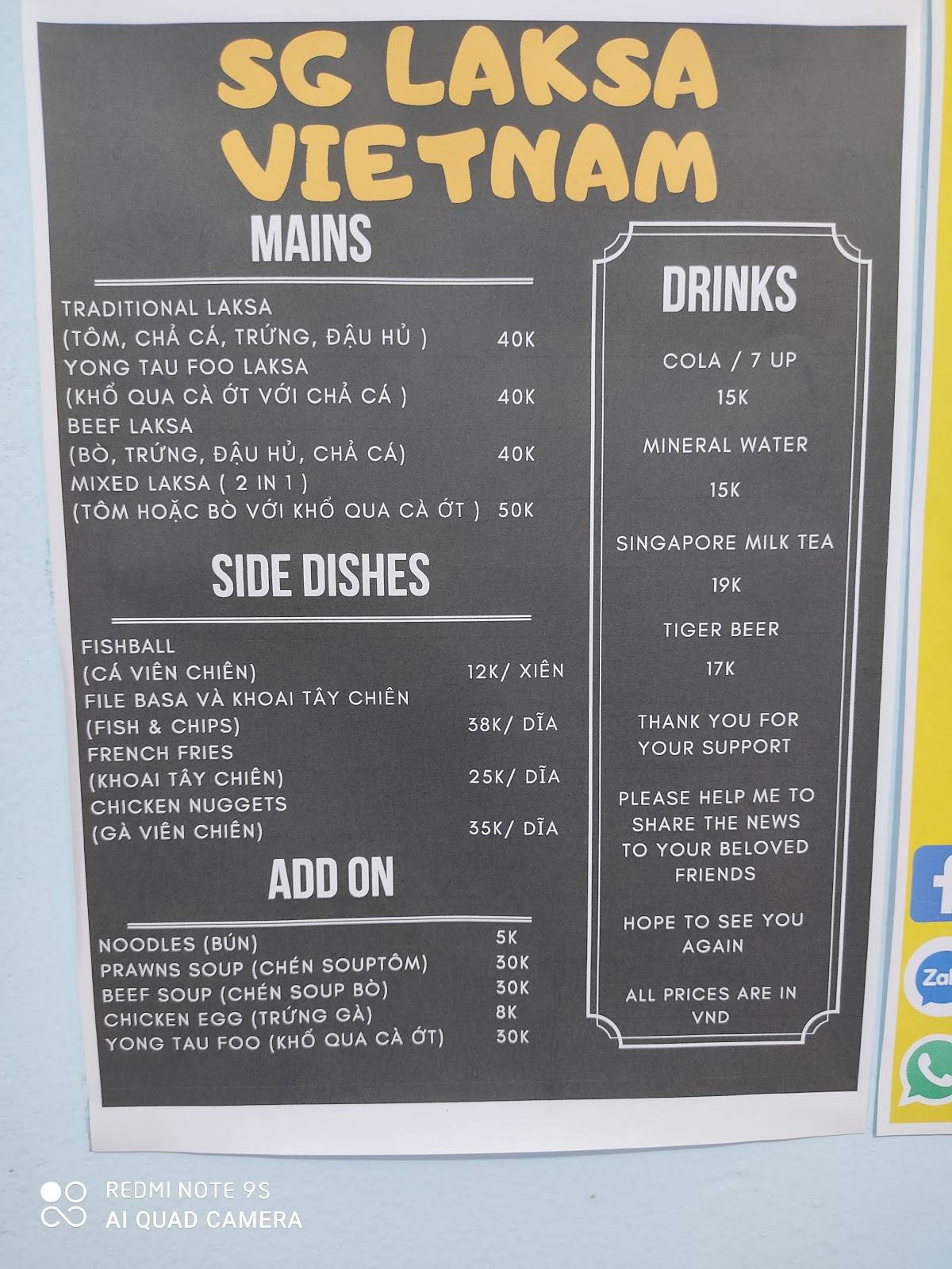 Menu at SINGAPORE LAKSA RESTAURANT - SG FOOD & BEER, Ho Chi Minh City