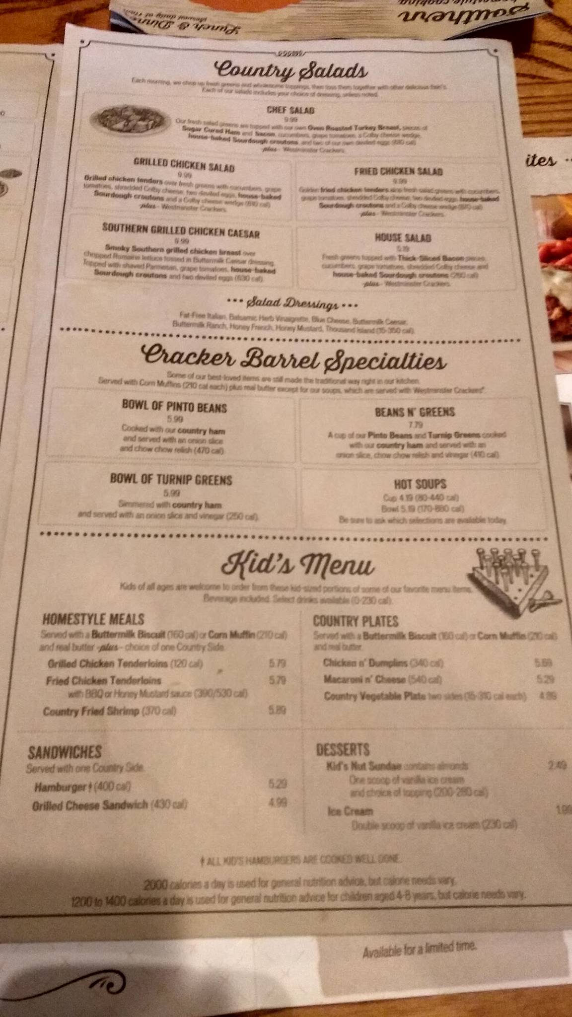 Menu at Cracker Barrel Old Country Store, Sioux Falls