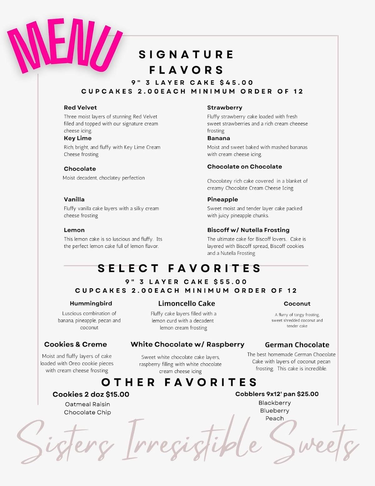 Menu at Sisters Irresistible Sweets desserts, Augusta