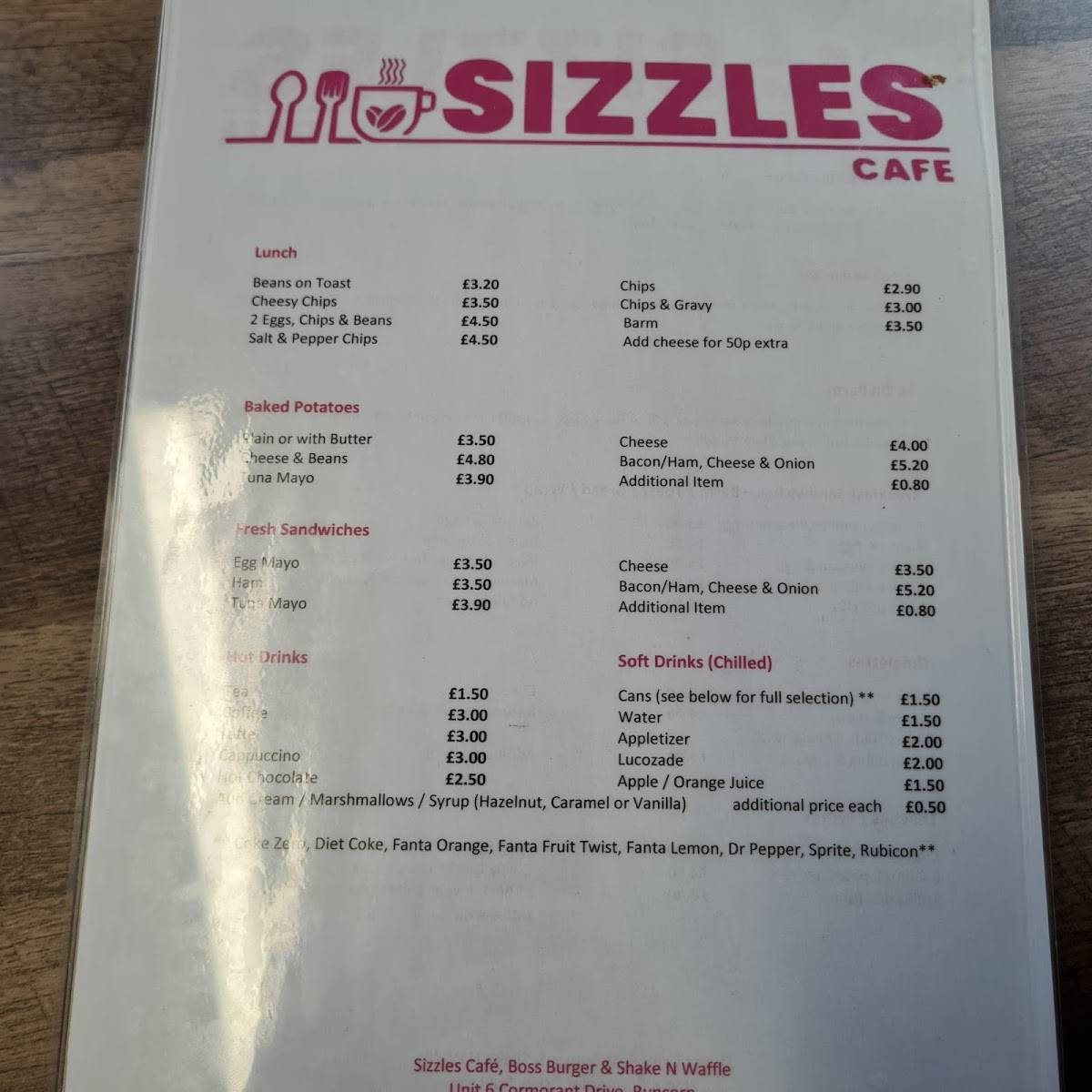 Menu at Sizzles Cafe, Runcorn