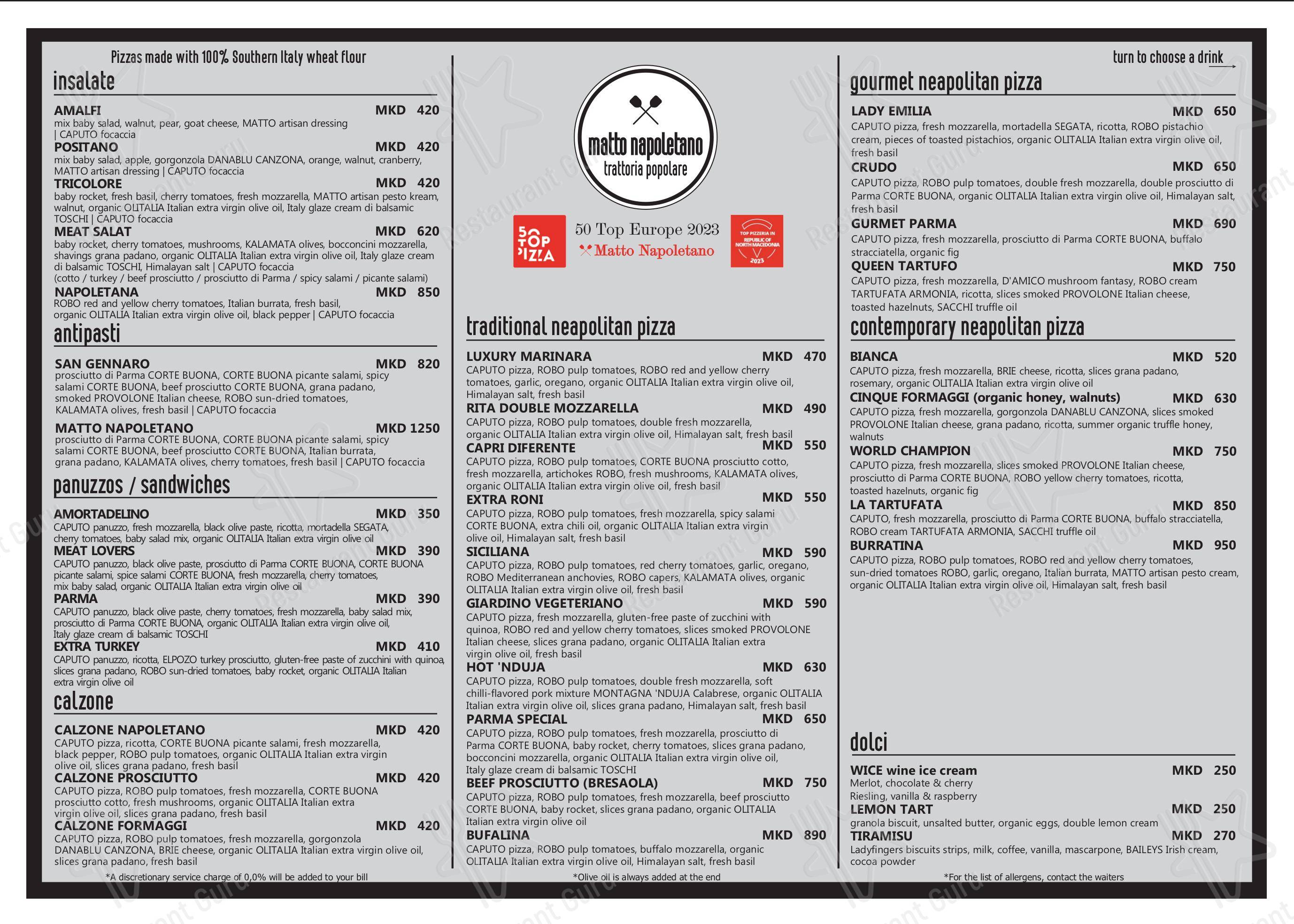 Menu at Matto Napoletano restaurant, Skopje