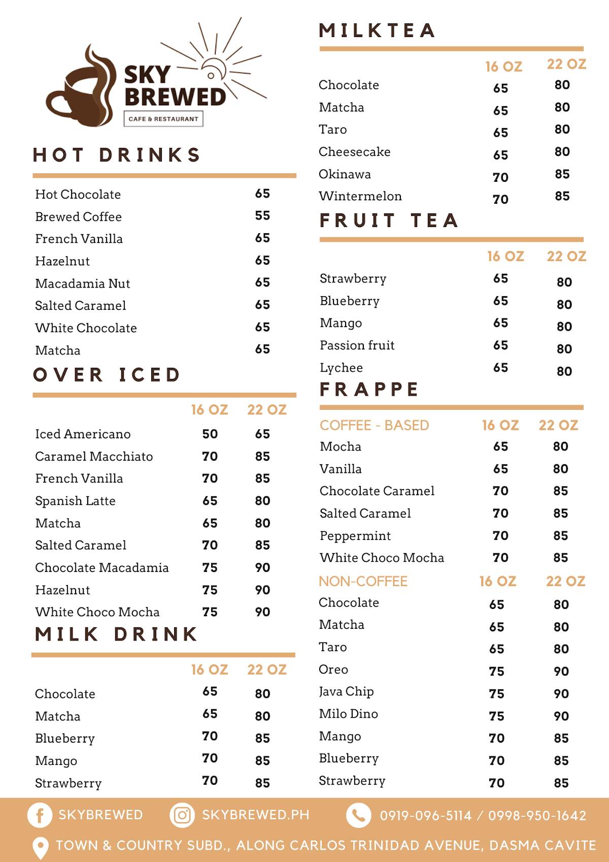 Menu at Sky Brewed restaurant, Dasmariñas