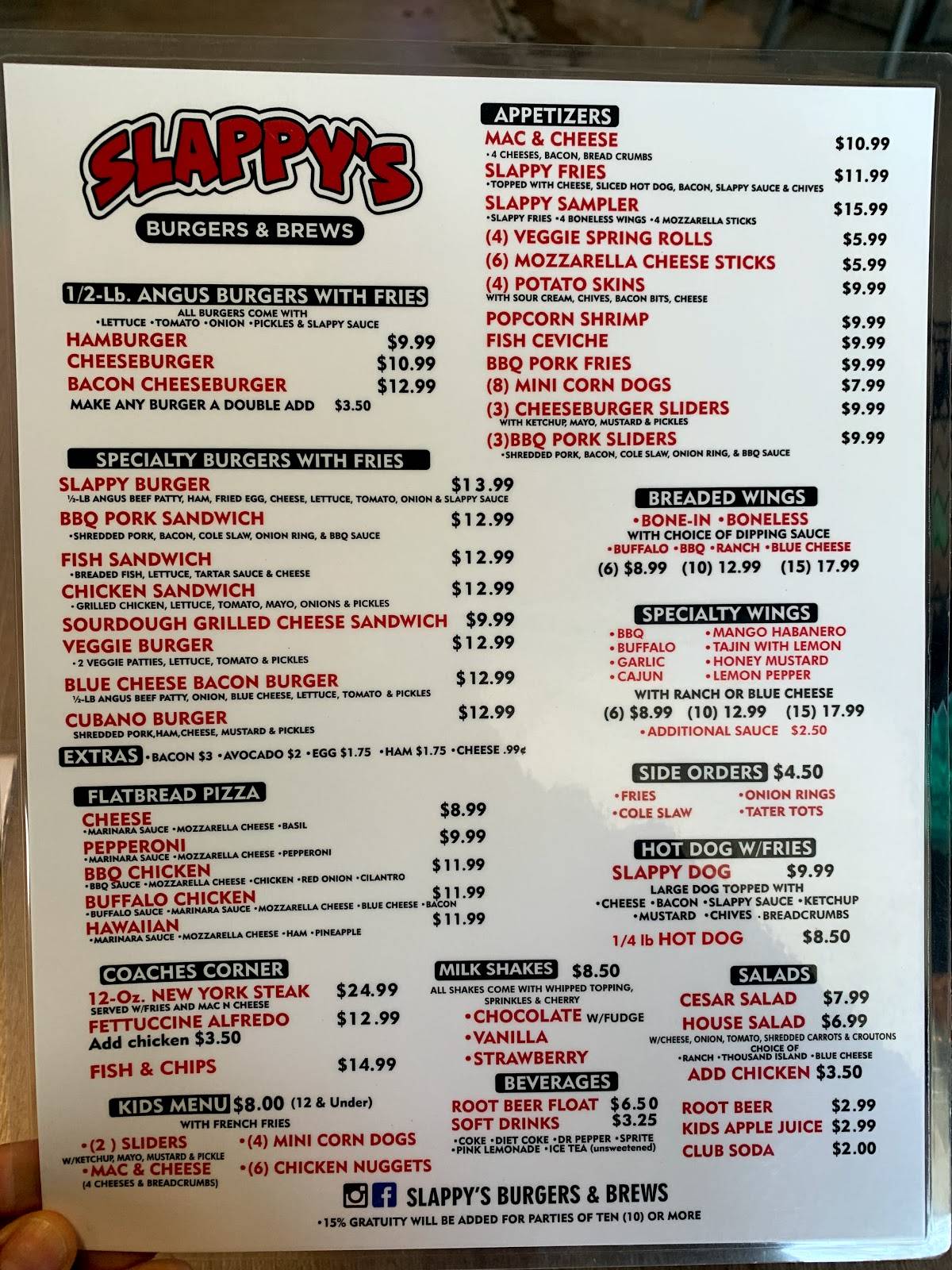 Menu at Slappy's Burgers and Brews restaurant, National City