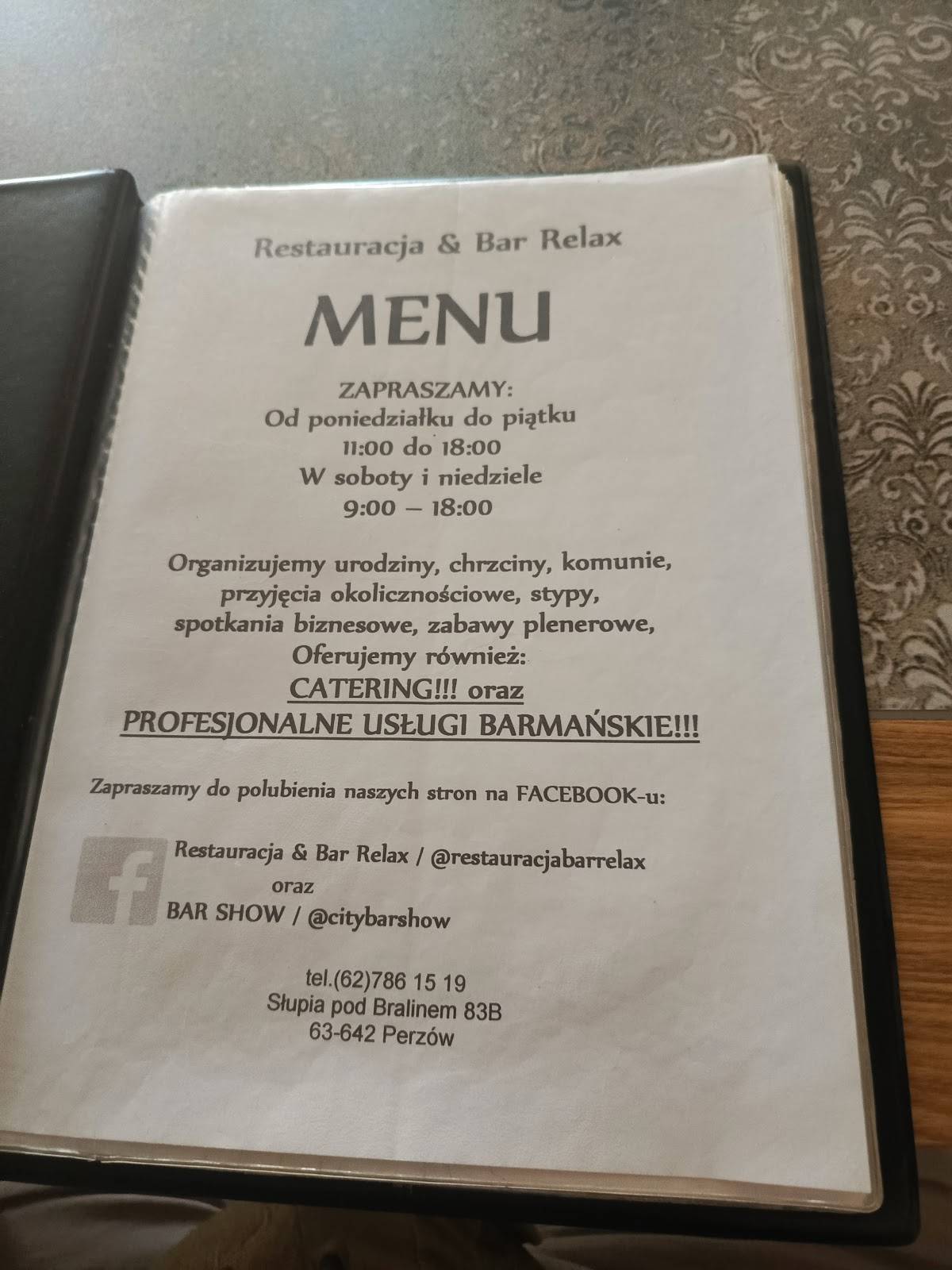 Menu at Restauracja i Bar Relax, Słupia pod Bralinem
