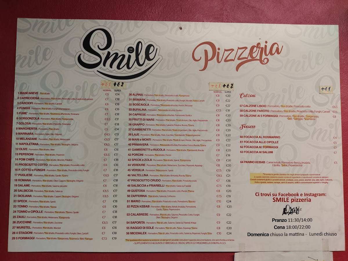 Menu au Smile Pizzeria, Costa Masnaga