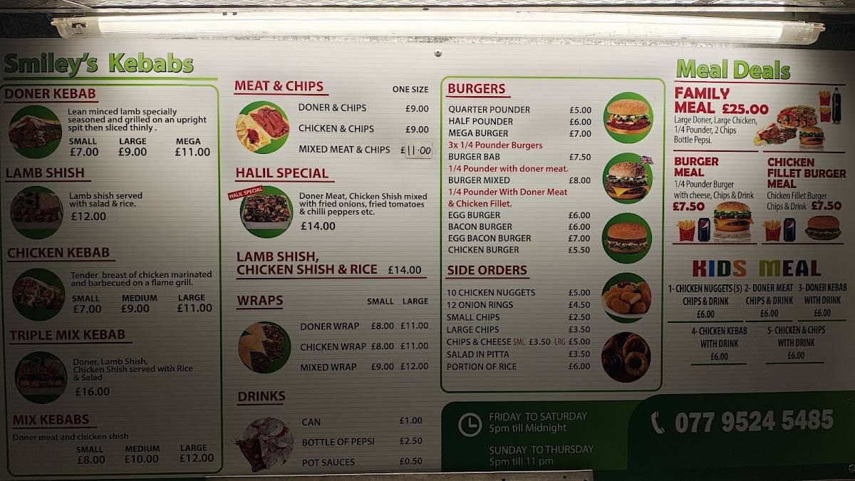 Menu at Smiley's Kebab fast food, Basingstoke