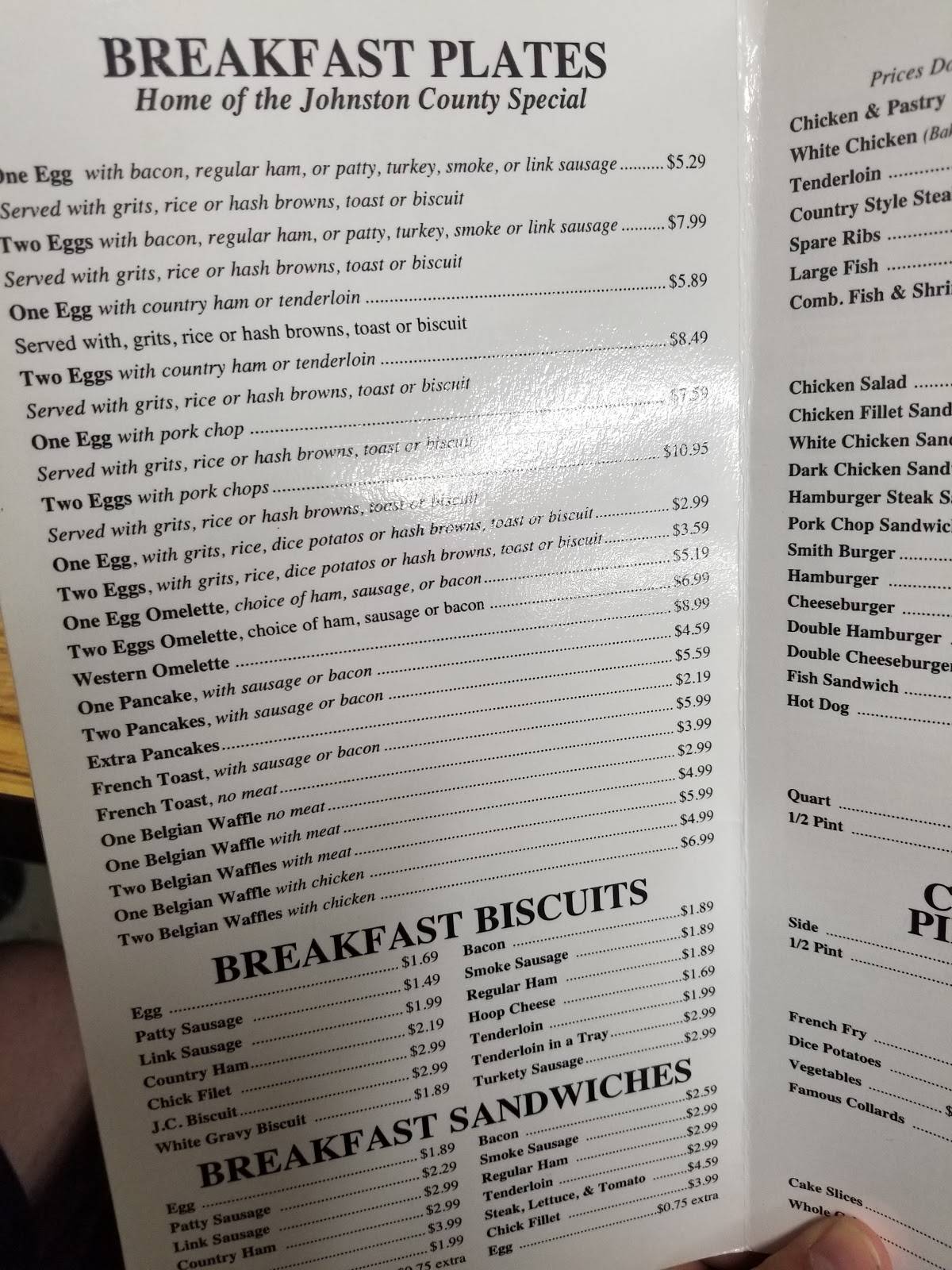 Menu at Smith's Cafe, Kinston, US-258