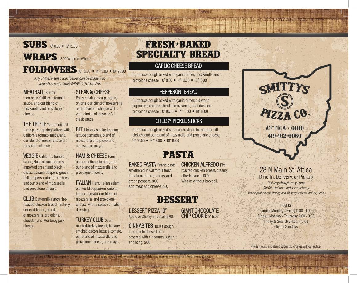 Menu at Smittys Pizza Co - Attica, OH restaurant, Attica