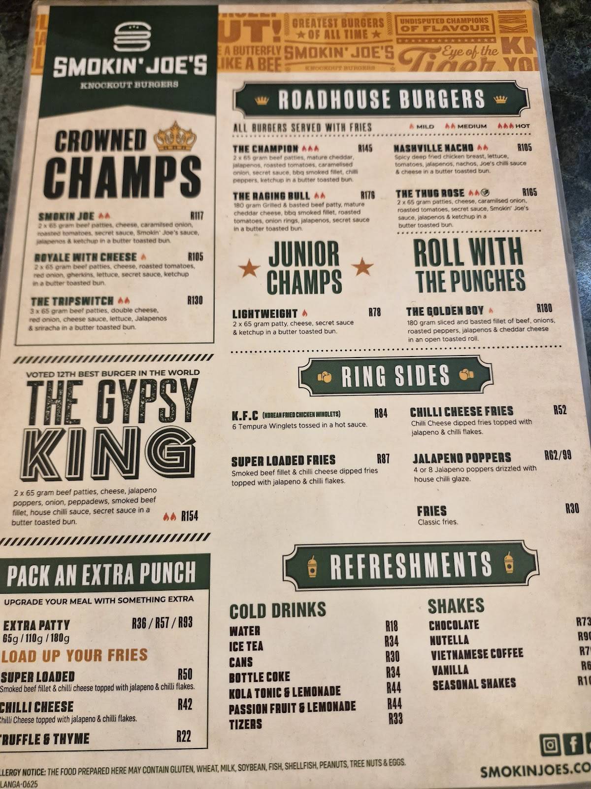 Menu at Smokin' Joe's Jnr restaurant, Durban