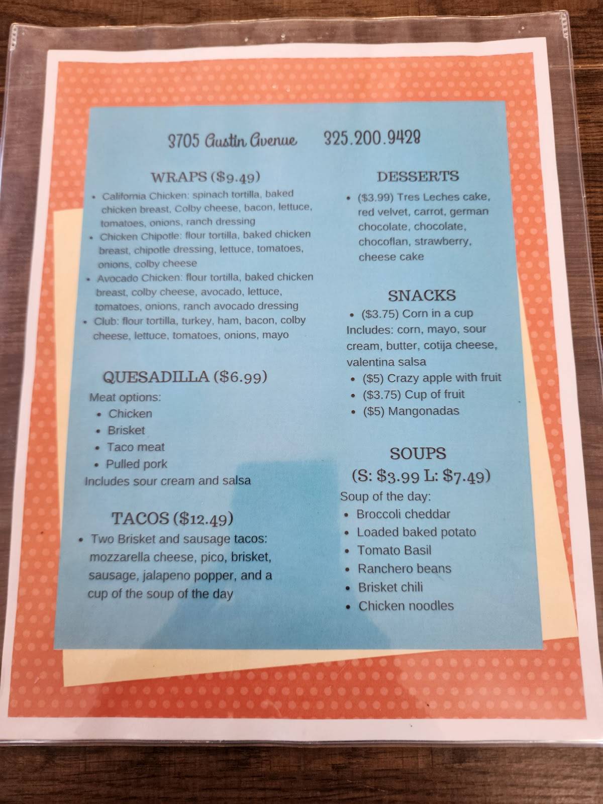 Menu at Snacky restaurant, Brownwood